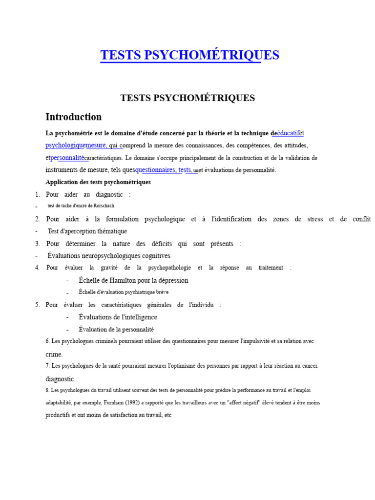 Introduction aux tests psychométriques | PDF | Test psychologique ...