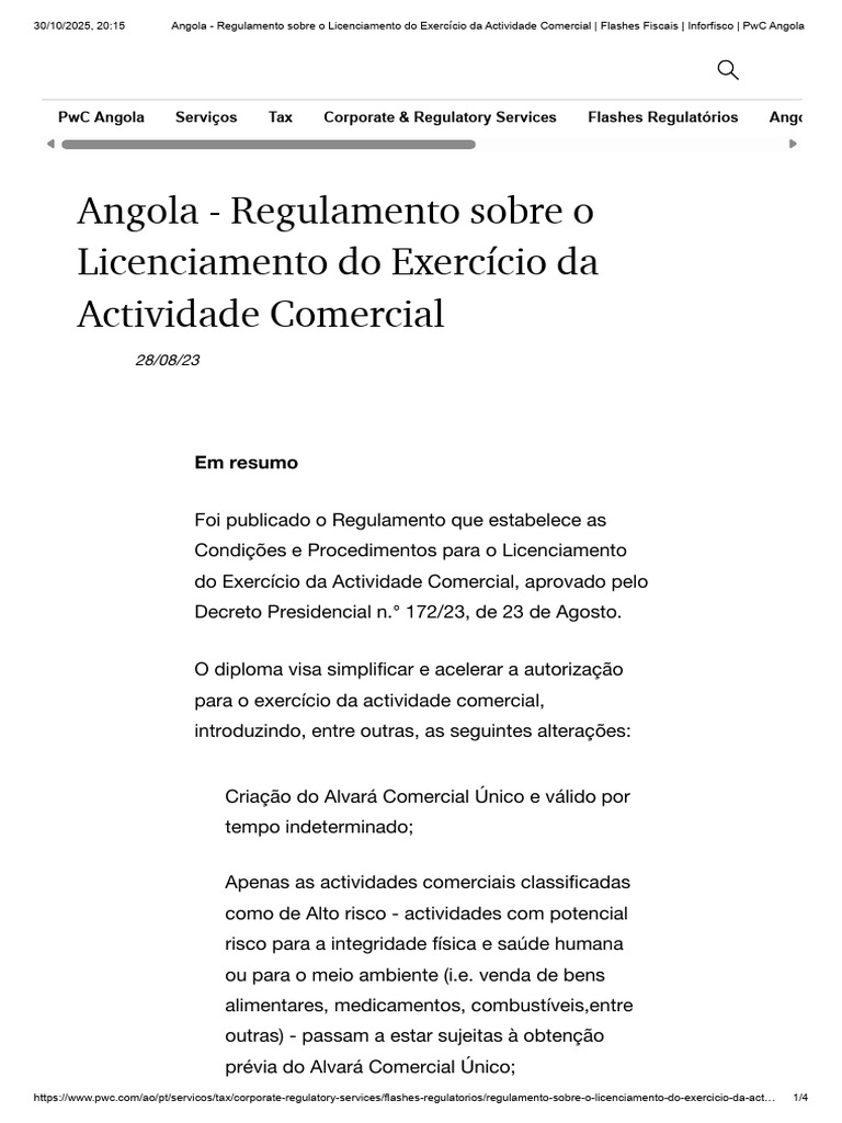 Angola - Regulamento sobre o Licenciamento do Exercício da Actividade ...