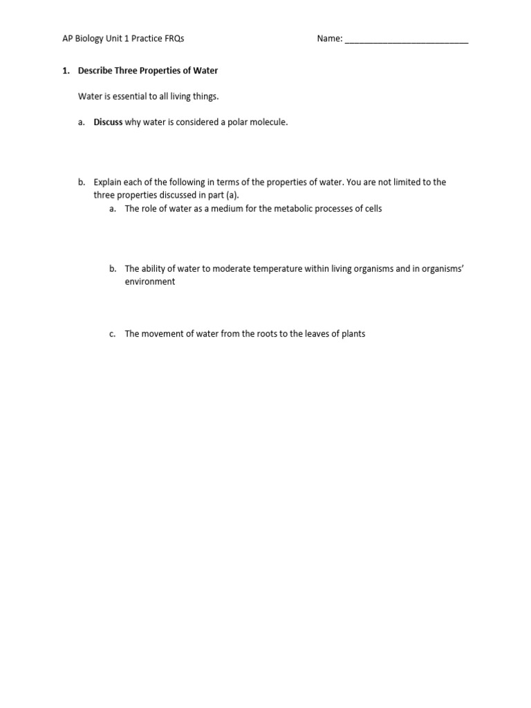 Julia Liu - AP Biology Unit 1 Practice FRQs - Docx.kami | PDF | Water ...
