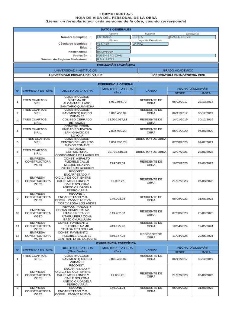 FORMULARIO A-5 ESP RESIDENTE DE OBRA | PDF