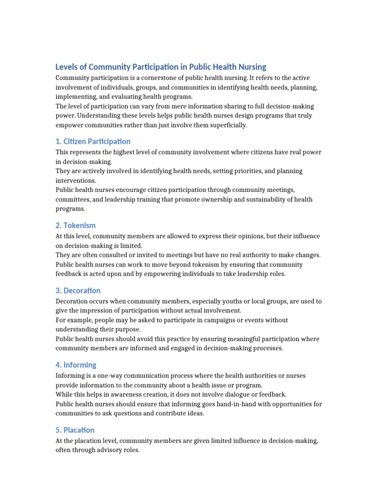 Levels of Community Participation in Public Health Nursing | PDF ...