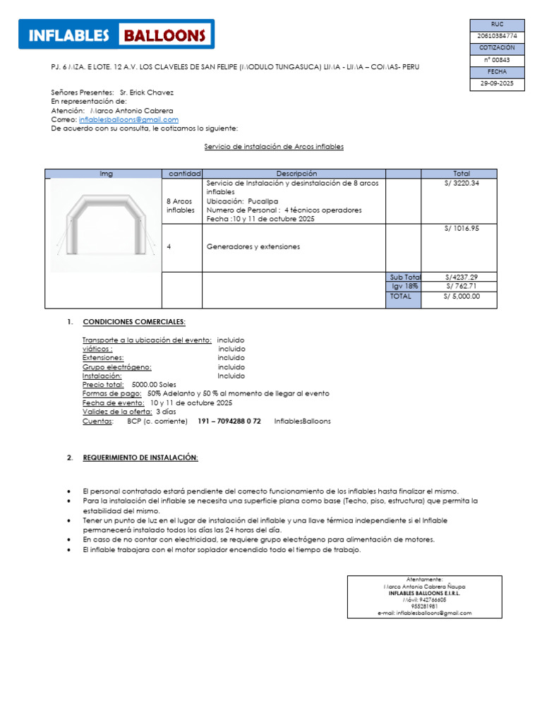 Cot. 843 Corso Viva Pucallpa - Servicio de Instalación de Arcos Inflables | PDF | Energia ...