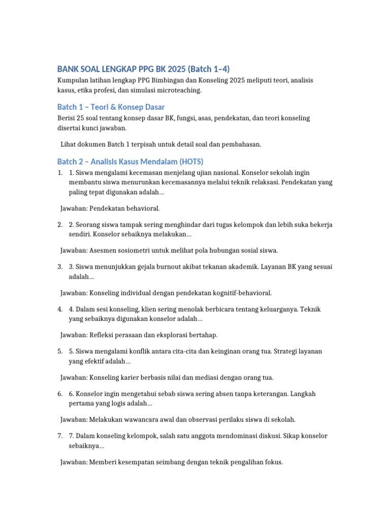 Bank Soal Lengkap PPG BK 2025 Batch1-4 | PDF