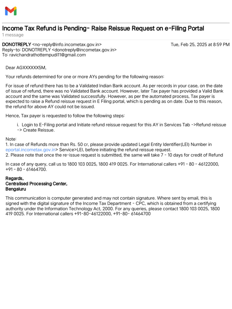 Gmail - Income Tax Refund Is Pending - Raise Reissue Request On E ...