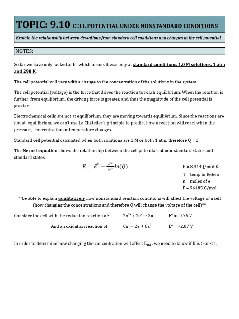 Cell Potential Changes Under Nonstandard Conditions | PDF | Physical ...
