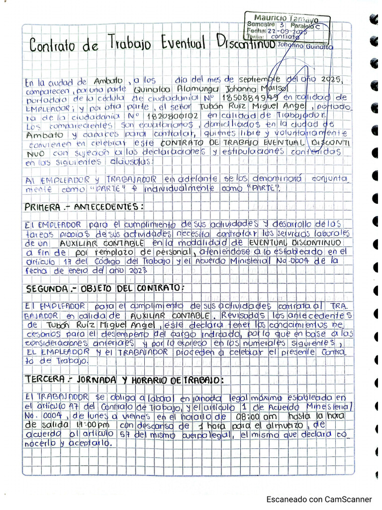 Modelo Deber Contrato Laboral DERECHO | PDF