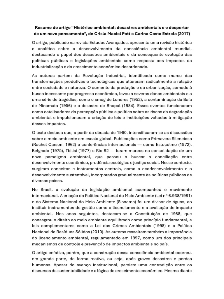 Resumo Do Artigo Histórico Ambiental - Desastres Ambientais e o ...