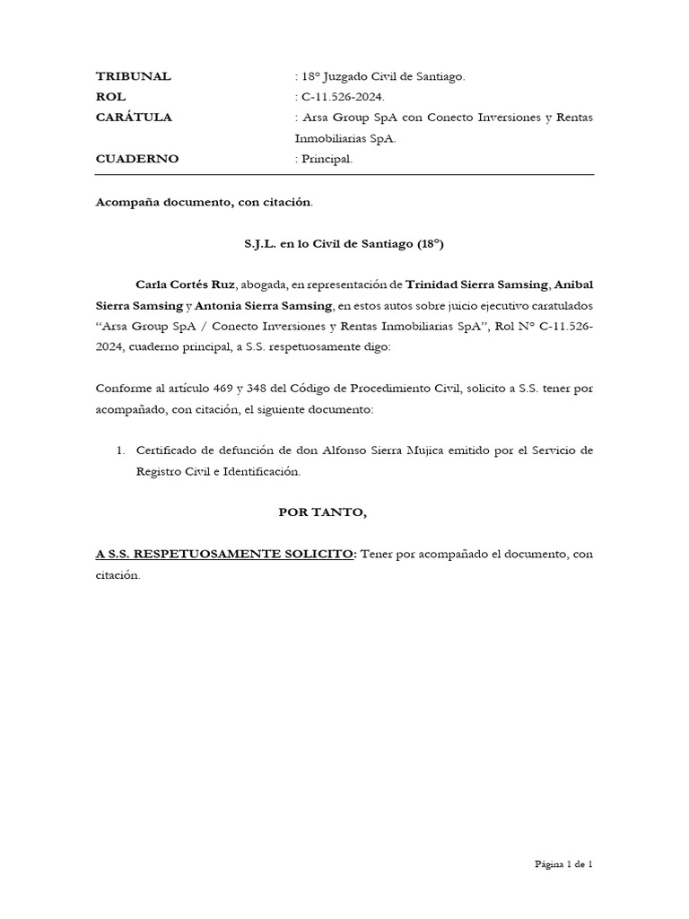 Acompaña Documento (Certificado de Defunción) Arsa Con Conecto (101361.1) | PDF