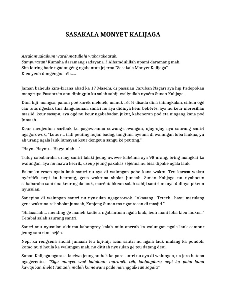 Sasakala Monyet Kalijaga, Dongeng Putra (Kota Cirebon) | PDF