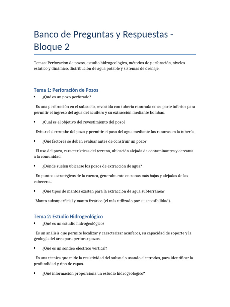 Banco Preguntas Bloque2 | PDF | Agua subterránea | Agua