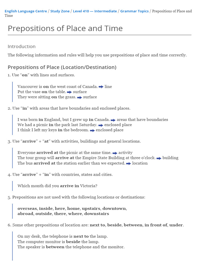 Prepositions of Place and Time Guide | PDF