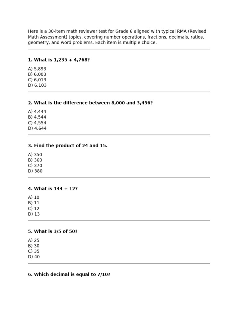 Grade 6 Math Reviewer Test | PDF | Odds | Decimal