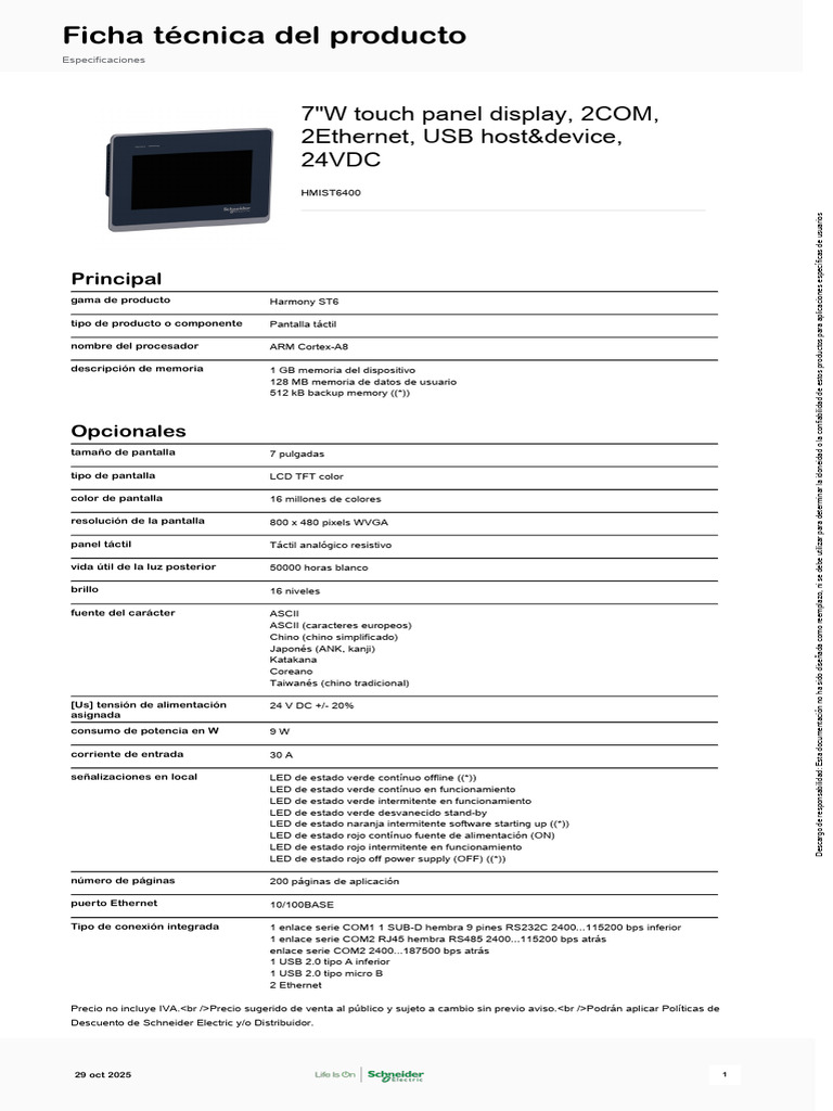 Pantalla Táctil 7" HMIST6400 de Schneider | PDF | Diodo emisor de luz ...