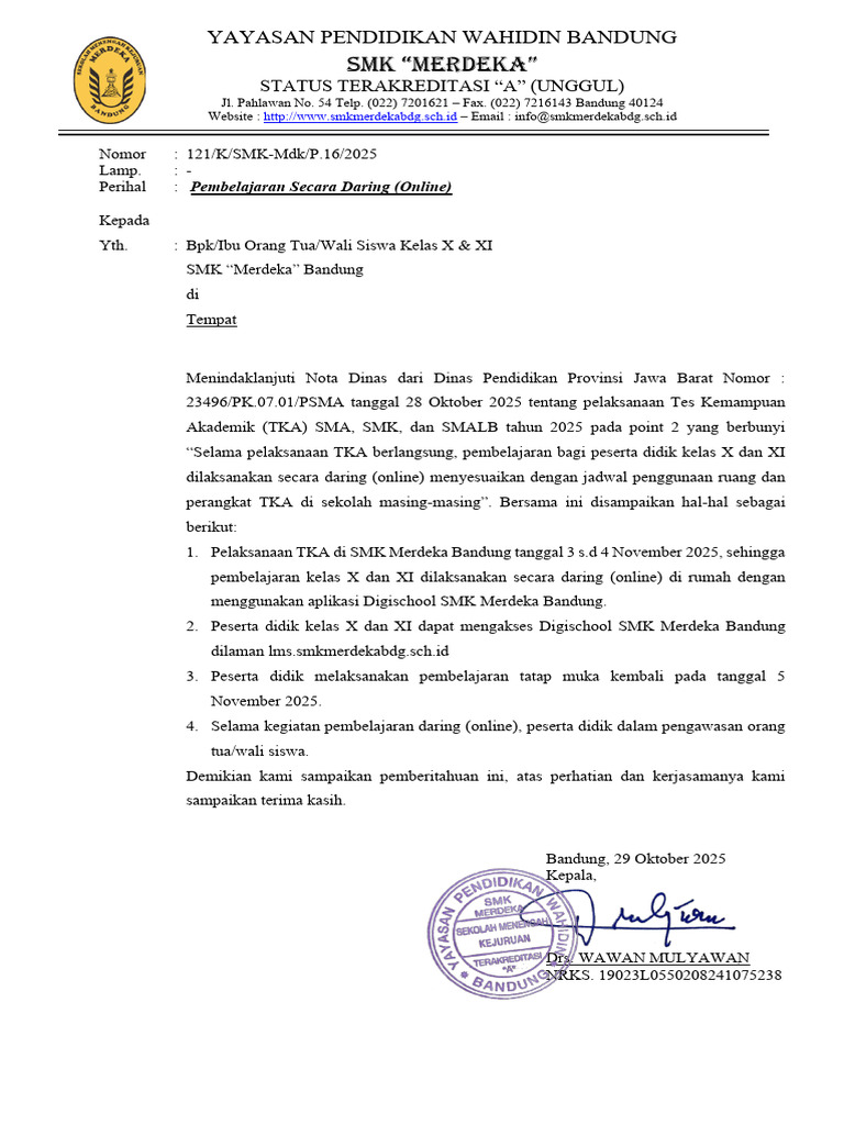 Pembelajaran Daring di SMK Merdeka | PDF