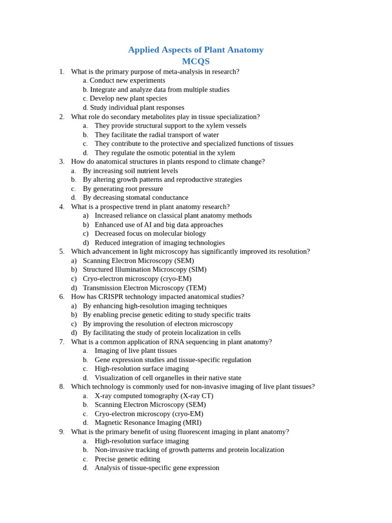 20 Mcqs Applied Aspects of Plant Anatomy | PDF | Microscopy | Plants