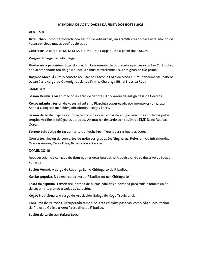 Memoria de Actividades Da Festa Dos Botes 2025 | PDF