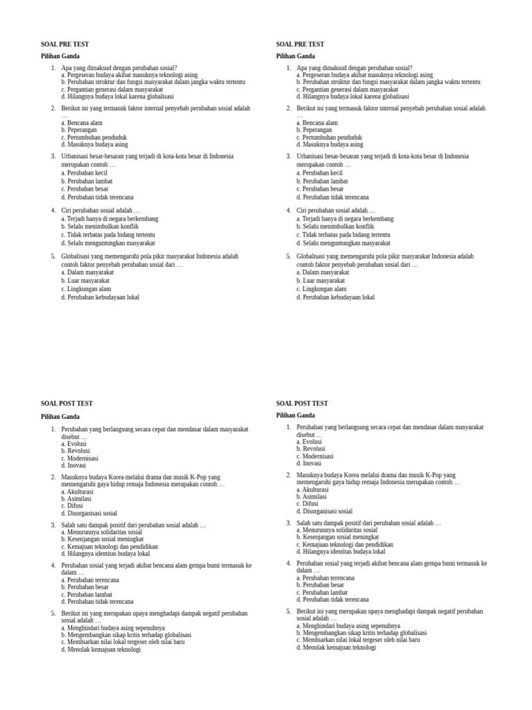 Soal Pre Test Dan Post Test Sosiologi | PDF