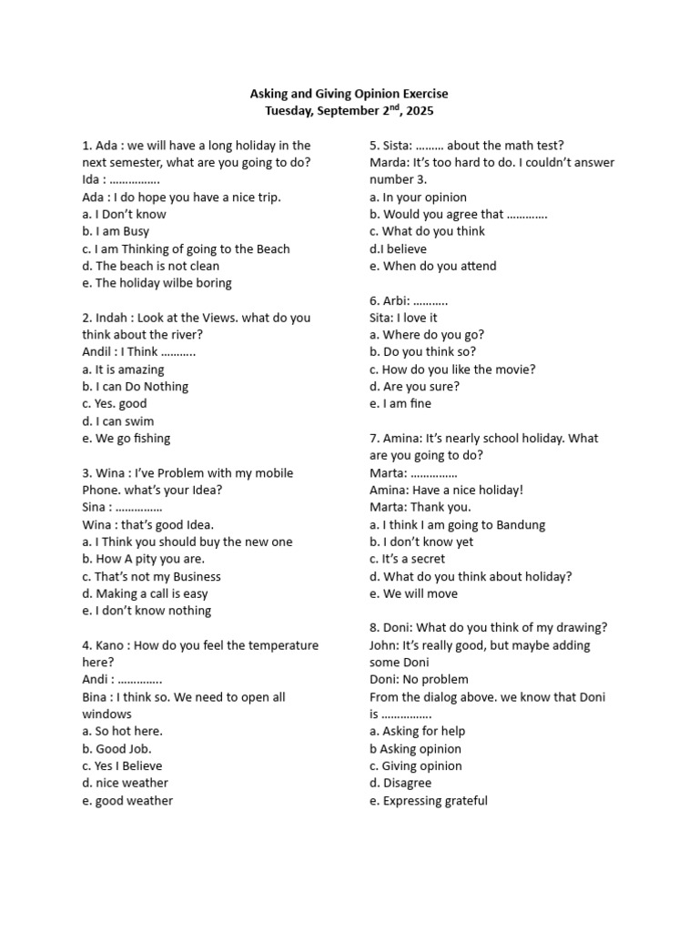 Asking and Giving Opinion Exercise | PDF