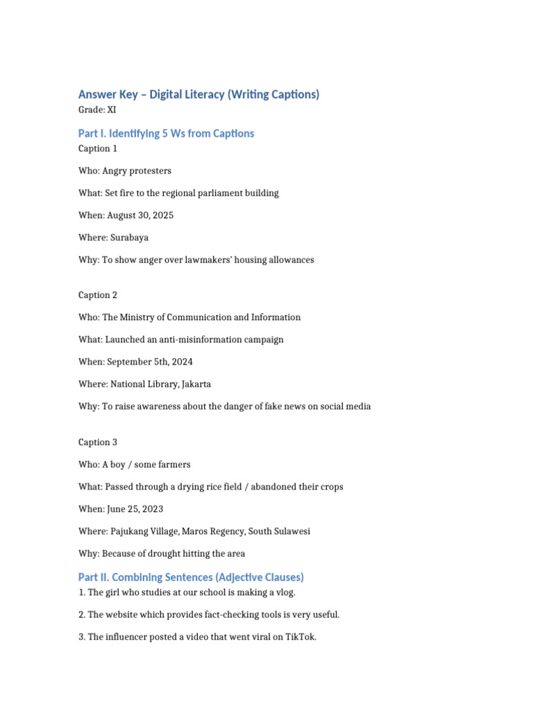 Answer Key Digital Literacy Writing Captions | PDF