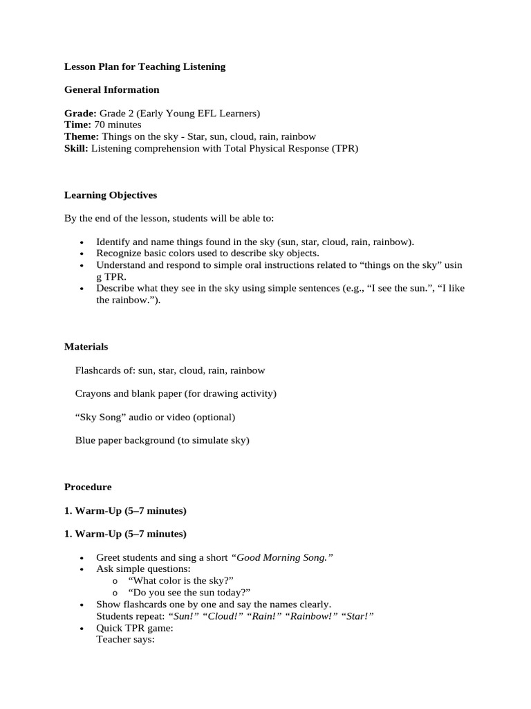 Lesson Plan For Teaching Listening | PDF | Lesson Plan | Behavior ...