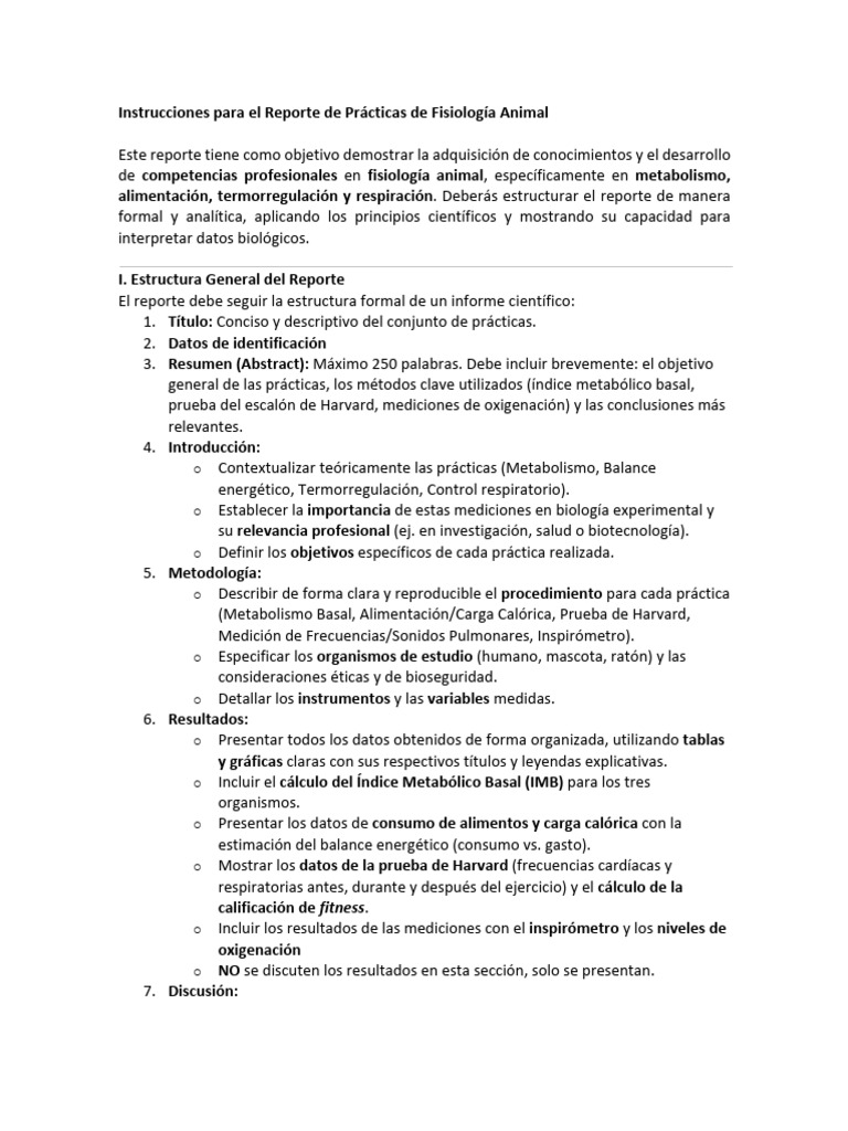Instrucciones para El Reporte de Prácticas de Fisiología Animal | PDF ...