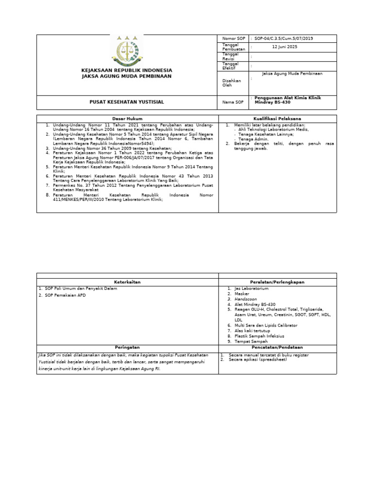 SOP Penggunaan Mindray BS-430 | PDF