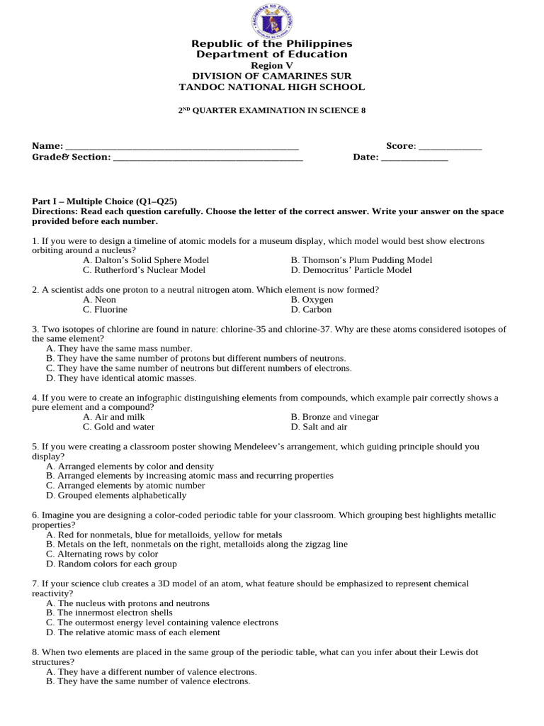 Grade 8 - 2nd Quarter | PDF | Chemical Elements | Atomic Nucleus