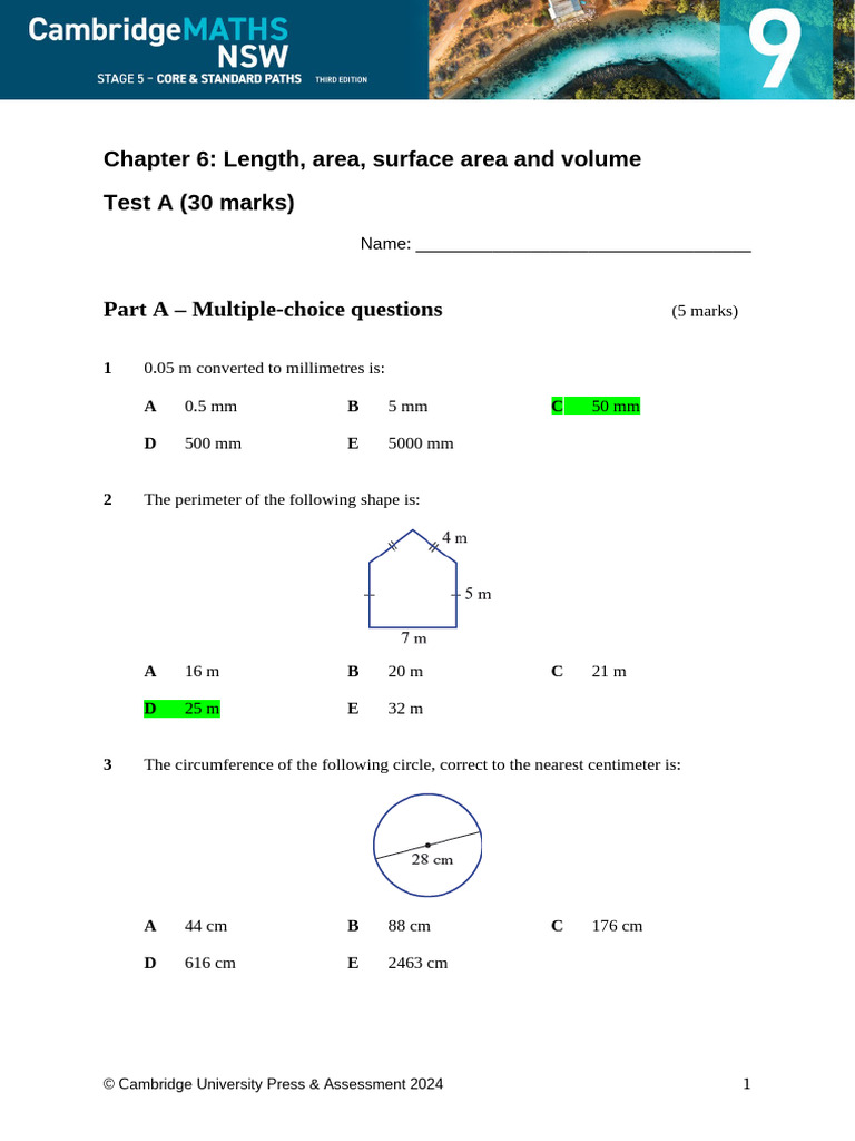 Length, Area, and Volume Test Questions | PDF | Area | Volume