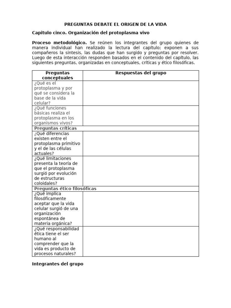 Preguntas Debate El Origen de La Vida Capitulo Cinco | PDF