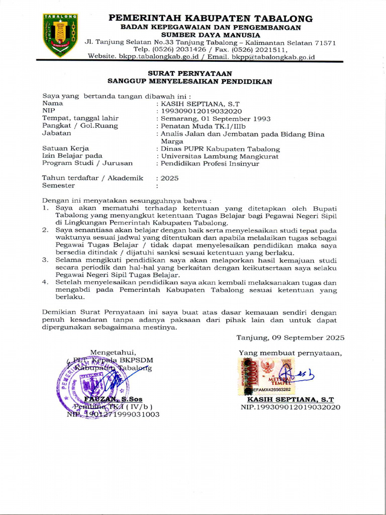 Surat Pernyataan Sanggup Menyelesaikan Pendidikan20250925 - 09203124 | PDF