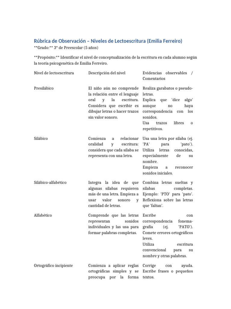 Rúbrica de Niveles de Lectoescritura | PDF | Escritura | Sílaba