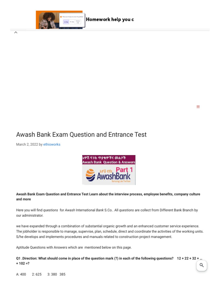 Awash Bank Entrance Exam Guide | PDF
