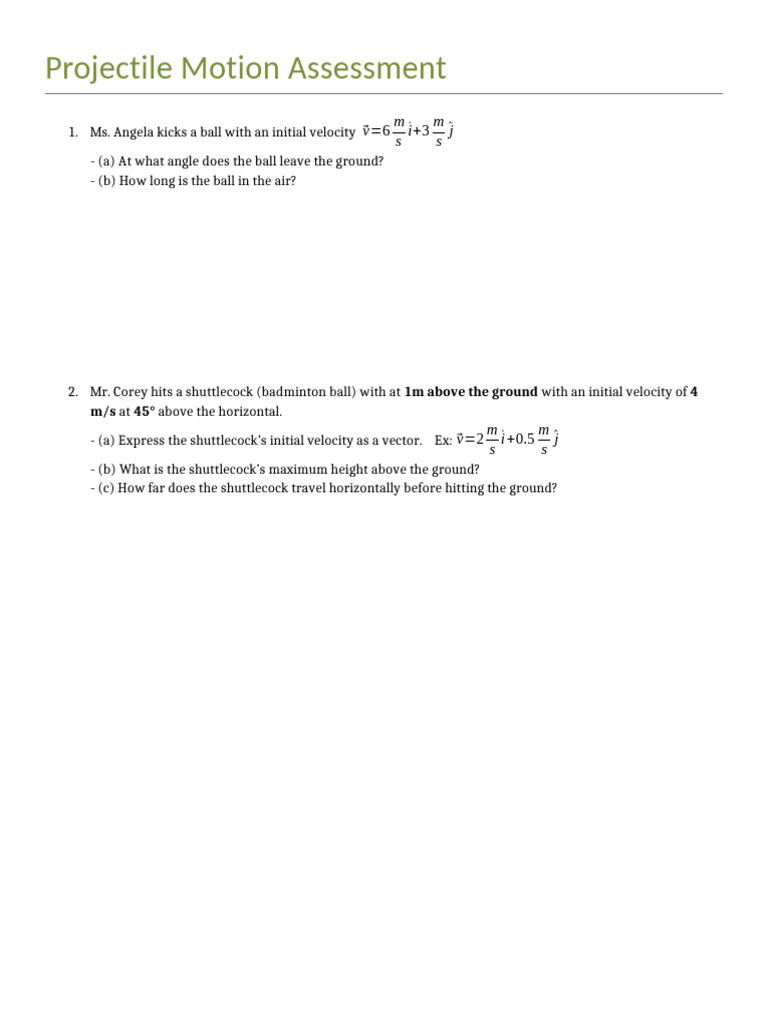 Projectile Motion Assessment | PDF