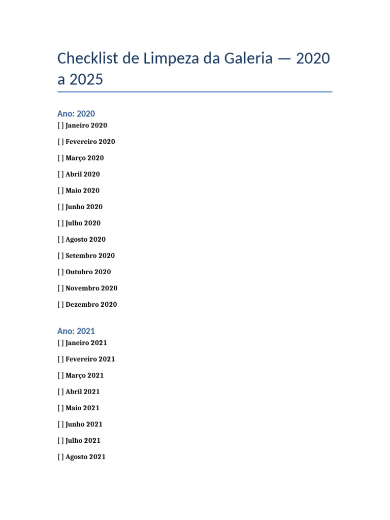 Checklist Limpeza Galeria 2020 a 2025 | PDF