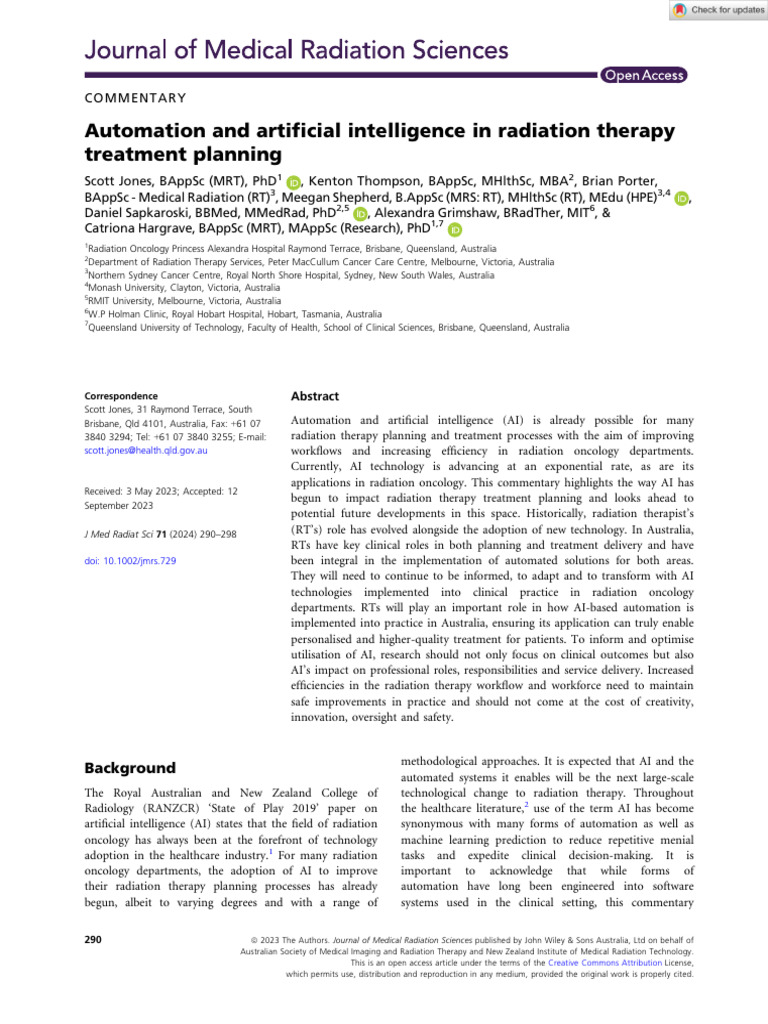 Automation and Arti Cial Intelligence in Radiation Therapytreatment ...
