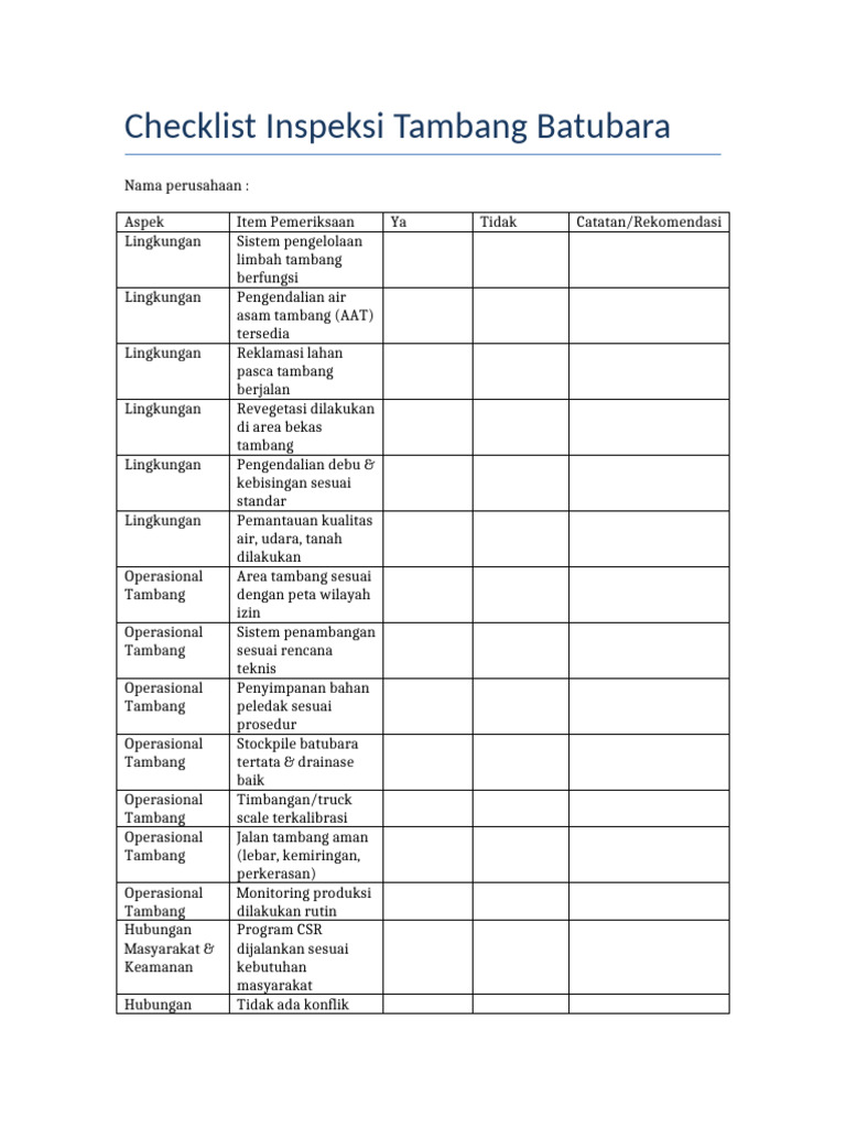 Checklist Inspeksi Tambang[1] | PDF