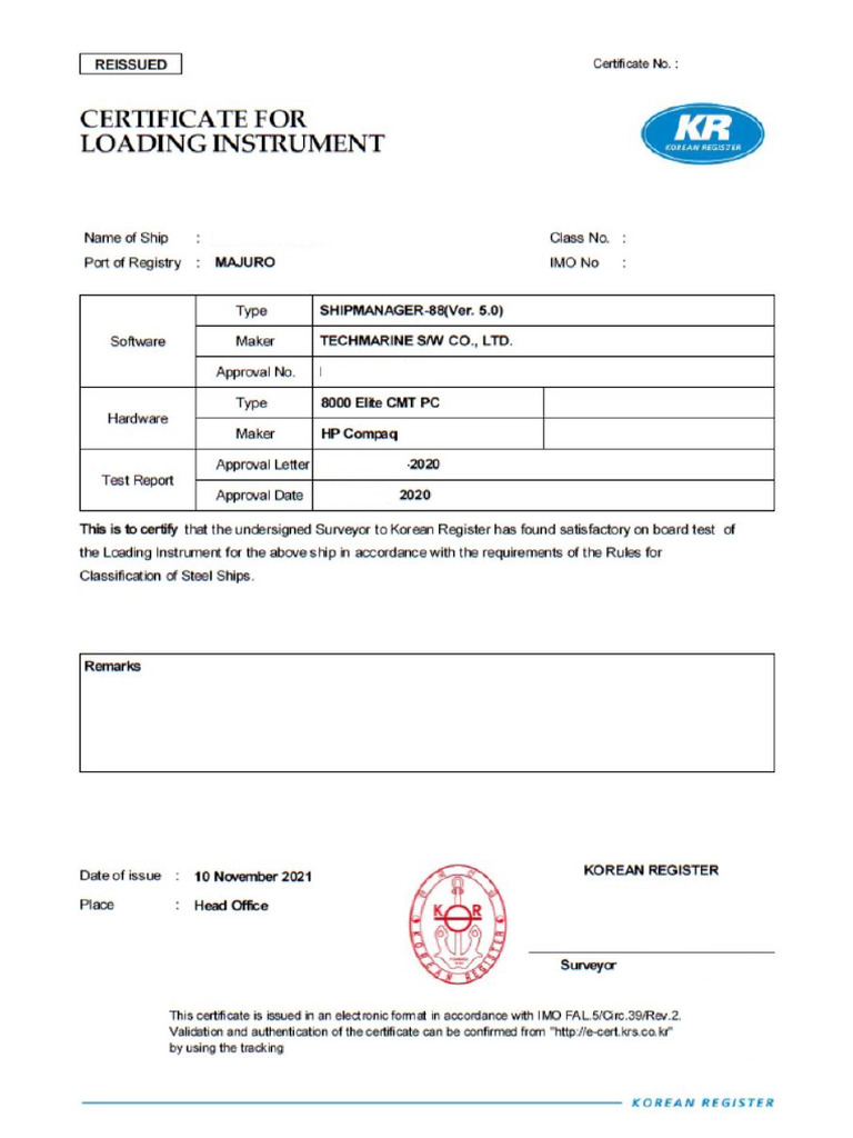 Certificate For Loading Instrument | PDF