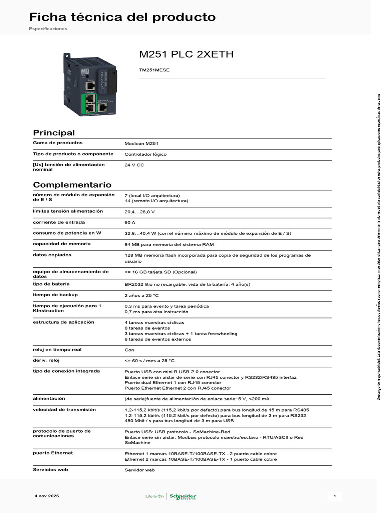 Schneider Electric Modicon-M251 TM251MESE | PDF | Controlador lógico ...