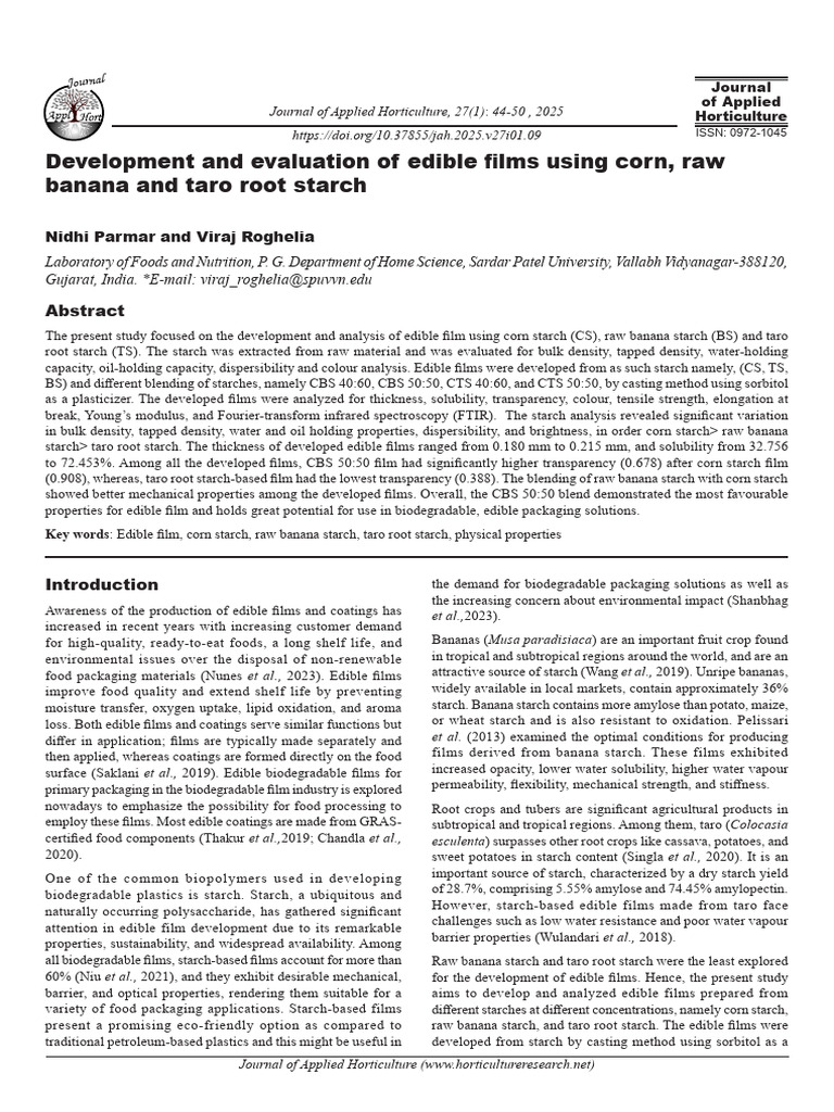 Development and Evaluation of Edible Films Using Corn, Raw Banana and ...