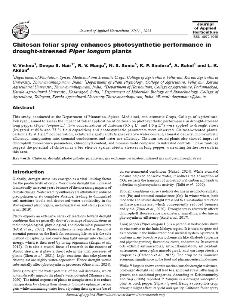 Chitosan Foliar Spray Enhances Photosynthetic Performance in Drought ...