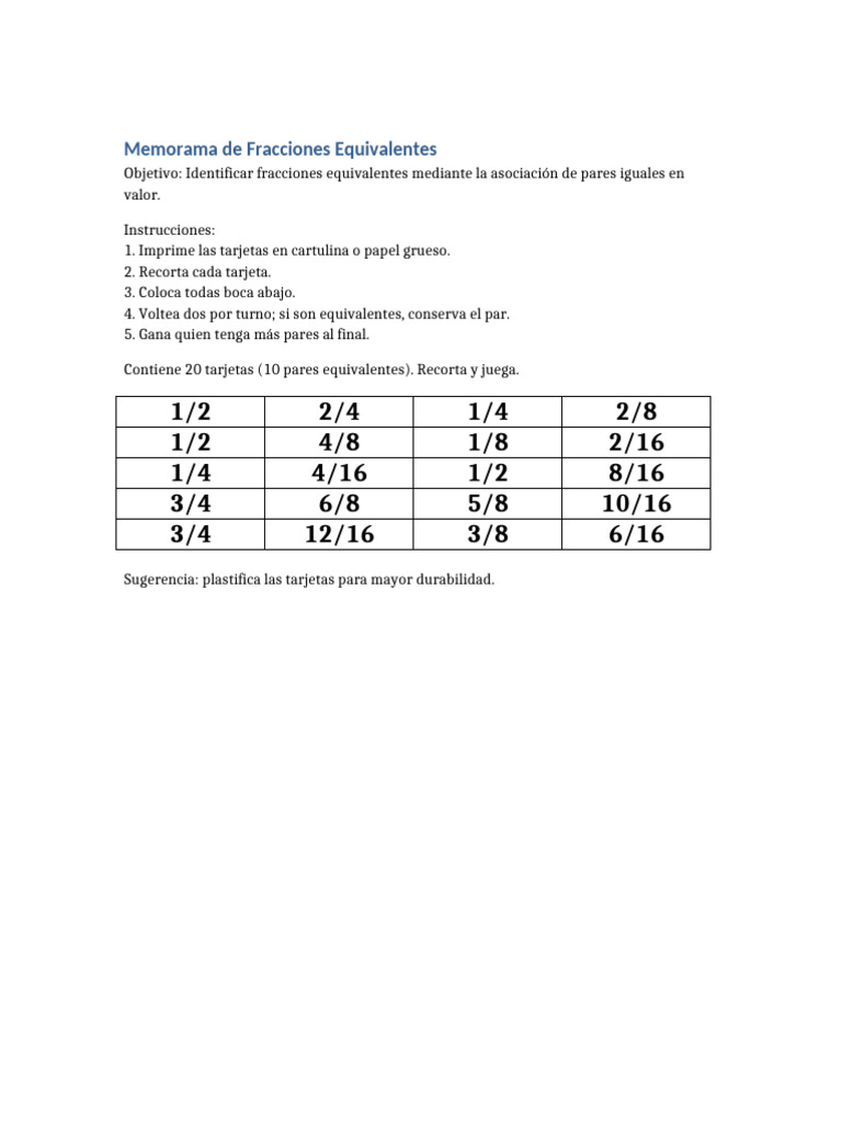 Memorama De Fracciones Equivalentes Pdf
