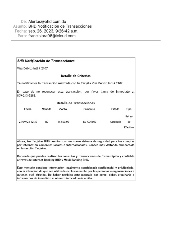 Notificación de Transacción BHD Visa | PDF