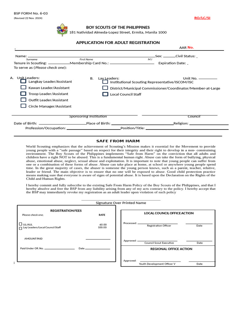 BSP Adult Registration Application Form | PDF | Scouting | Childhood