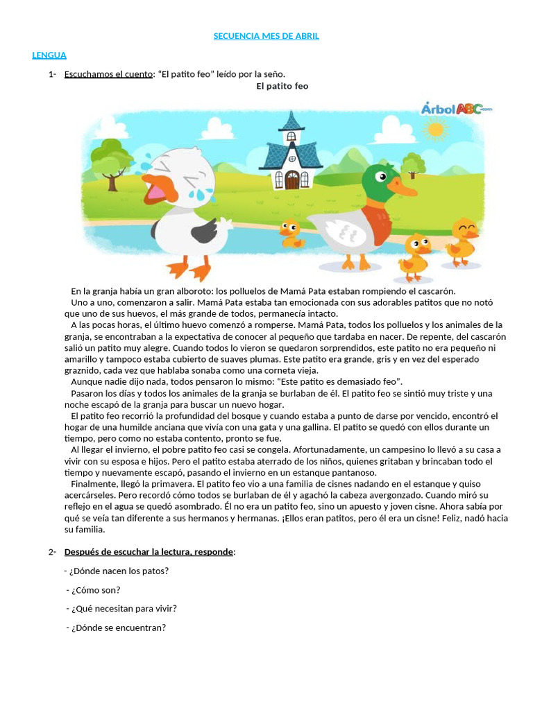 Abril Grupo 1 Secuencia 2° | PDF | El patito feo | Alfabeto