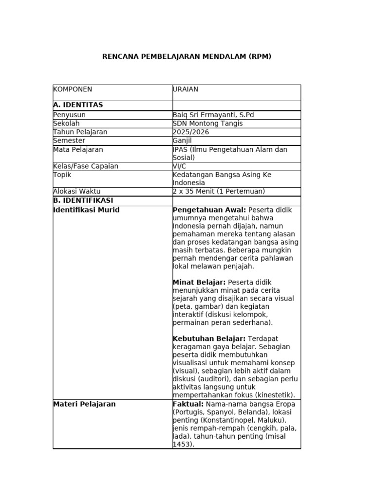 Rencana Pembelajaran Mendalam (RPM) | PDF