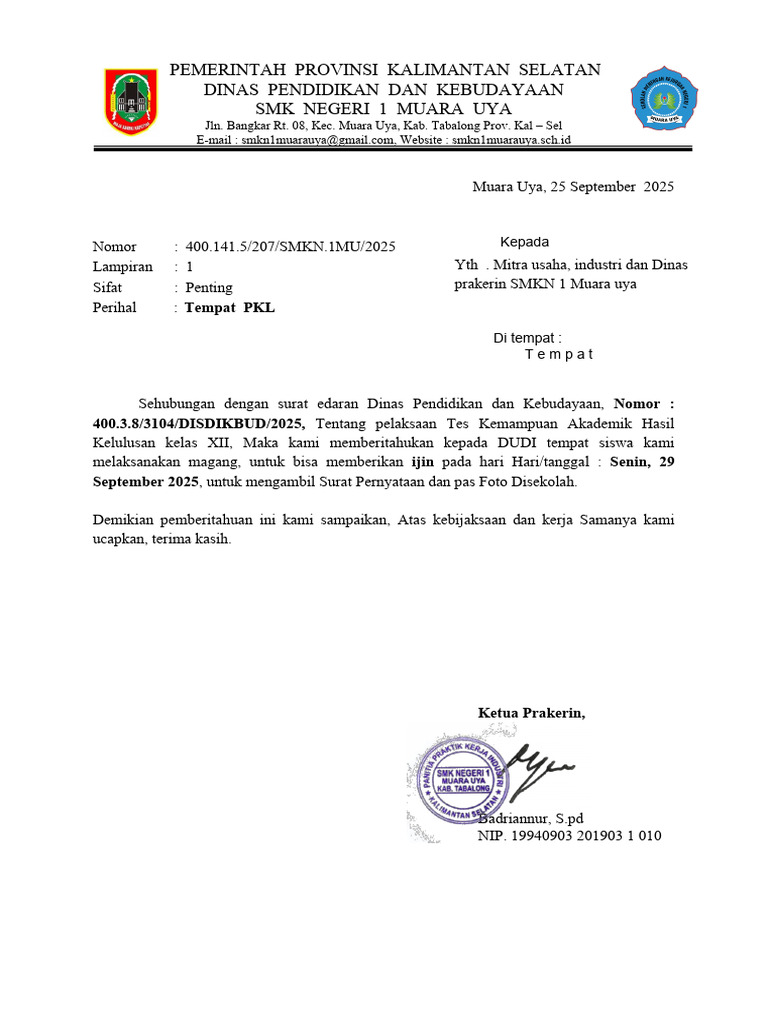 Surat Pemberitahuan Untuk Siswa Magang | PDF