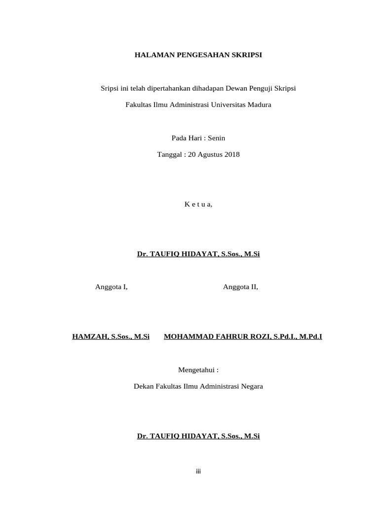 Halaman Pengesahan Skripsi FIA UM | PDF