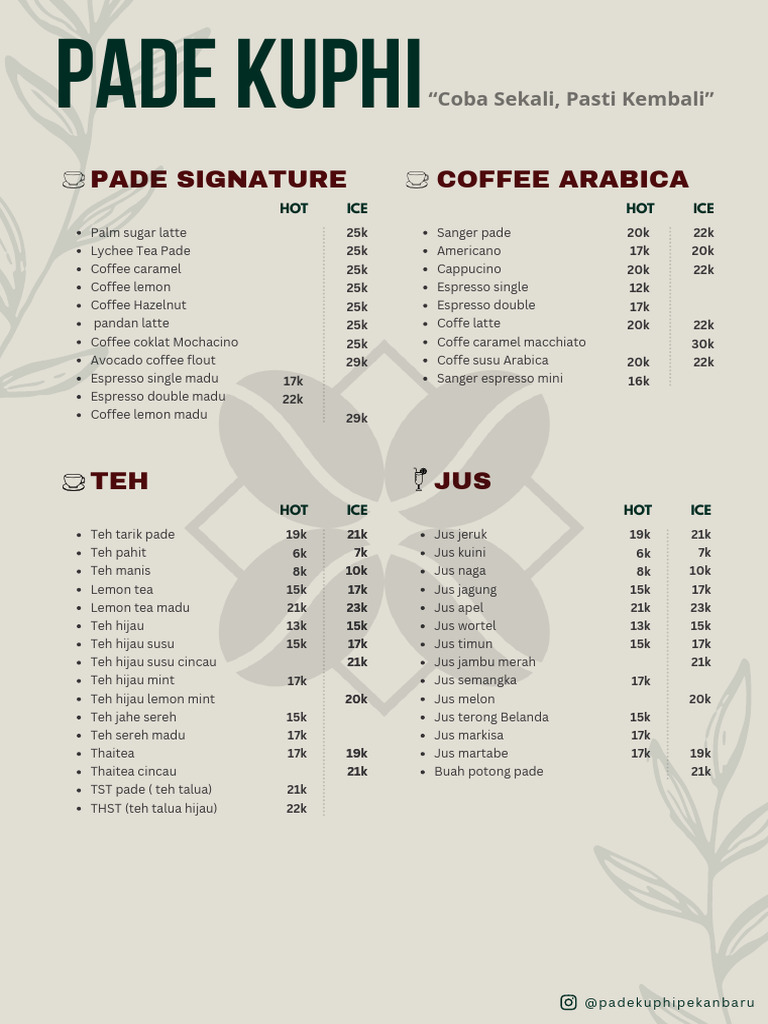 Menu Pade Kuphi: Kopi dan Makanan | PDF