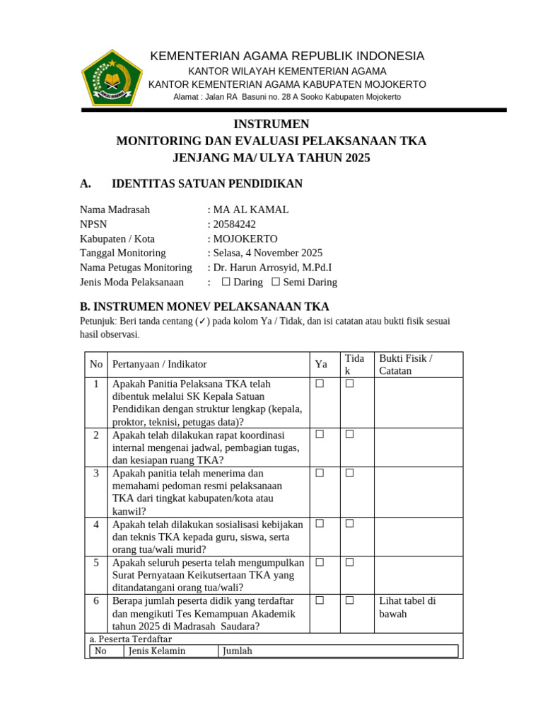 Instrumen Monev TKA 2025 Mojokerto | PDF