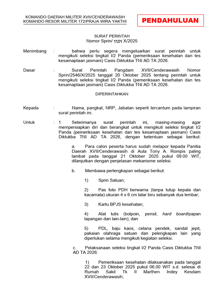 Seleksi Casis Diktukba TNI AD 2026 | PDF